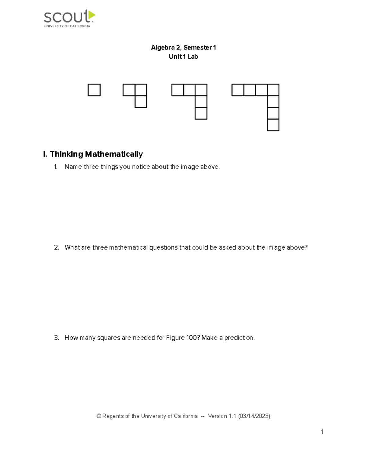 Algebra 2 Unit 1 Lab - Critical Thinking and Mathematical Patterns ...
