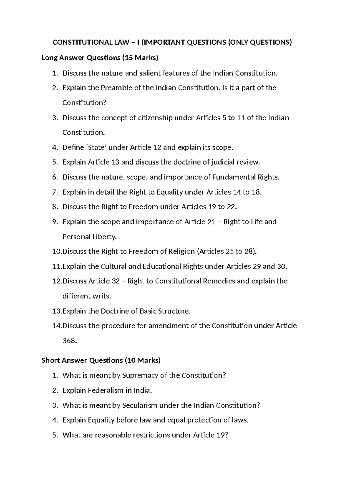 Constitutional Law I: Important Long & Short Answer Questions - Studocu