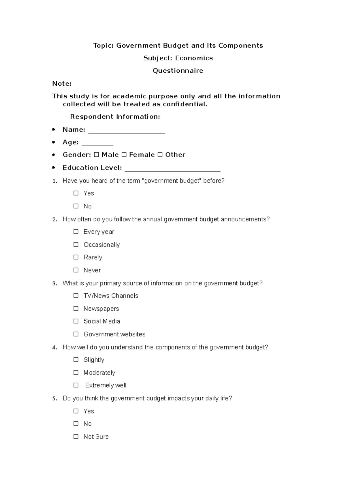 Economics Questionnaire: Understanding Government Budget Components ...