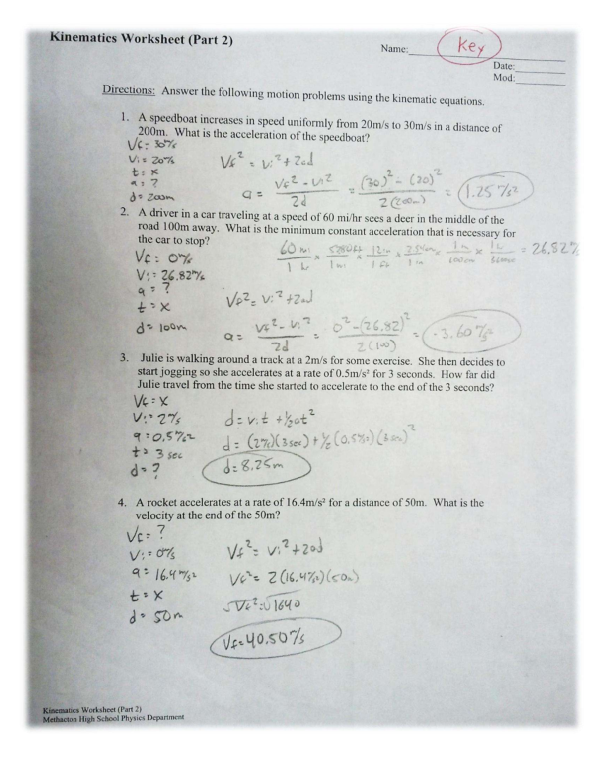 Kinematics Worksheet (Part 2) - Answer Key - Studocu