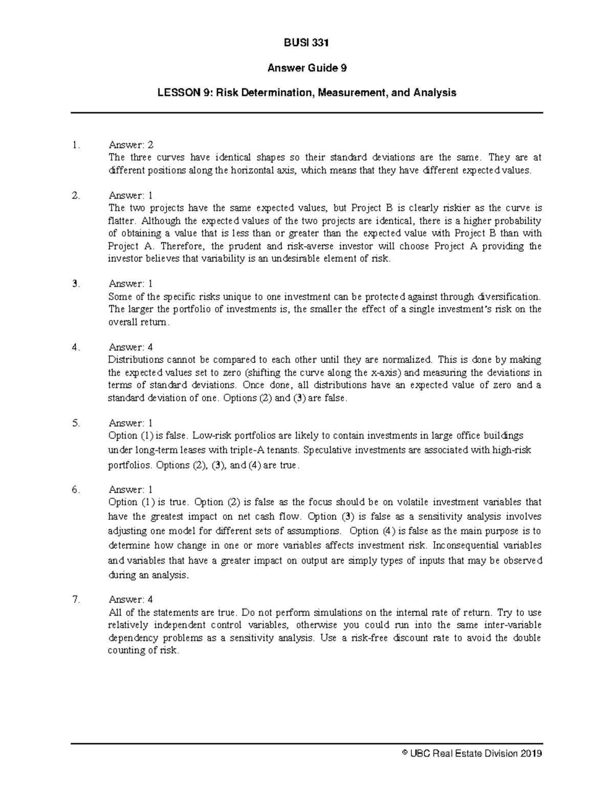 BUSI 331 Assignment Answer Guide 9: Risk Analysis and Measurement - Studocu