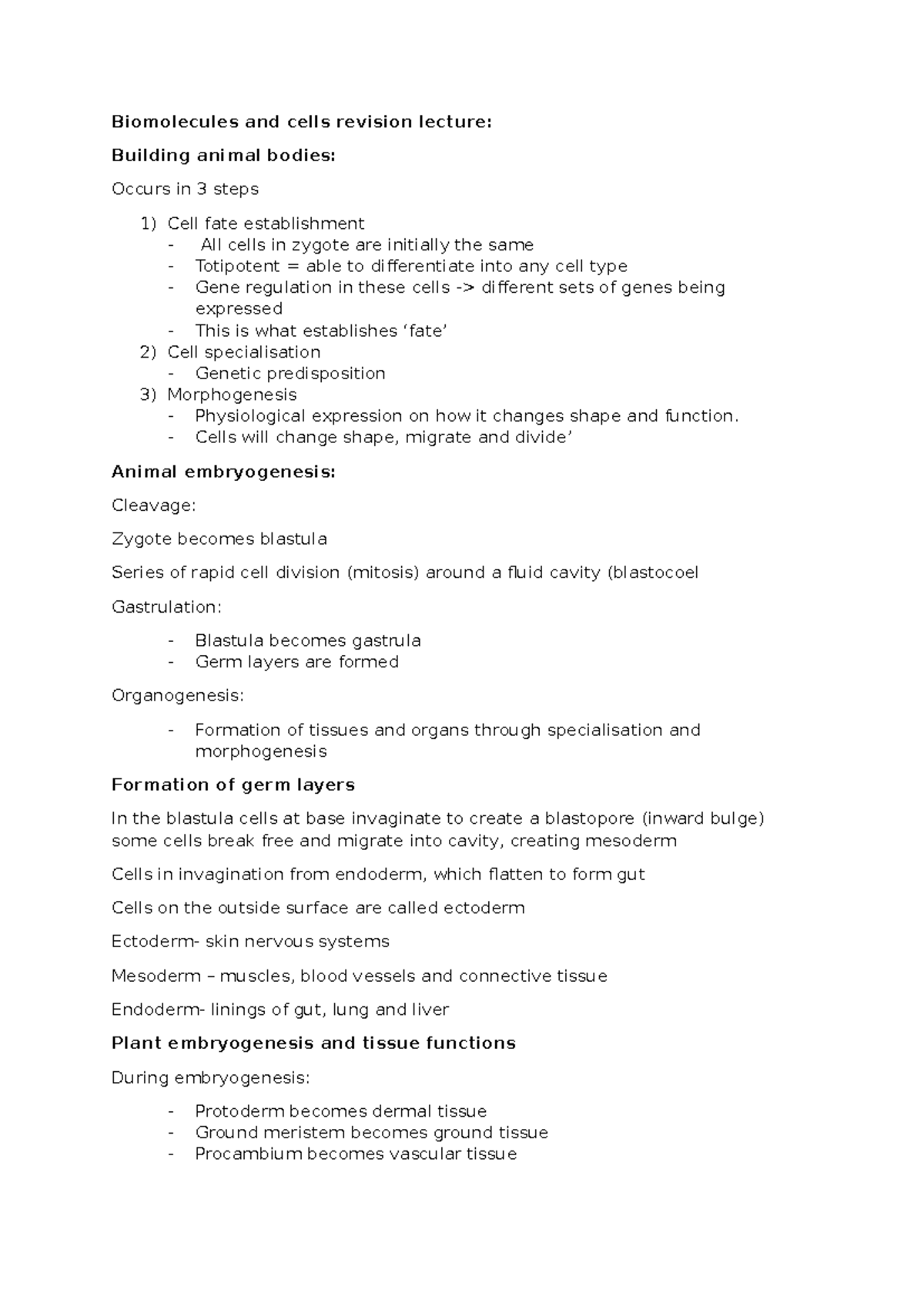 Biomolecules & Cells Revision Lecture: Animal & Plant Embryogenesis ...