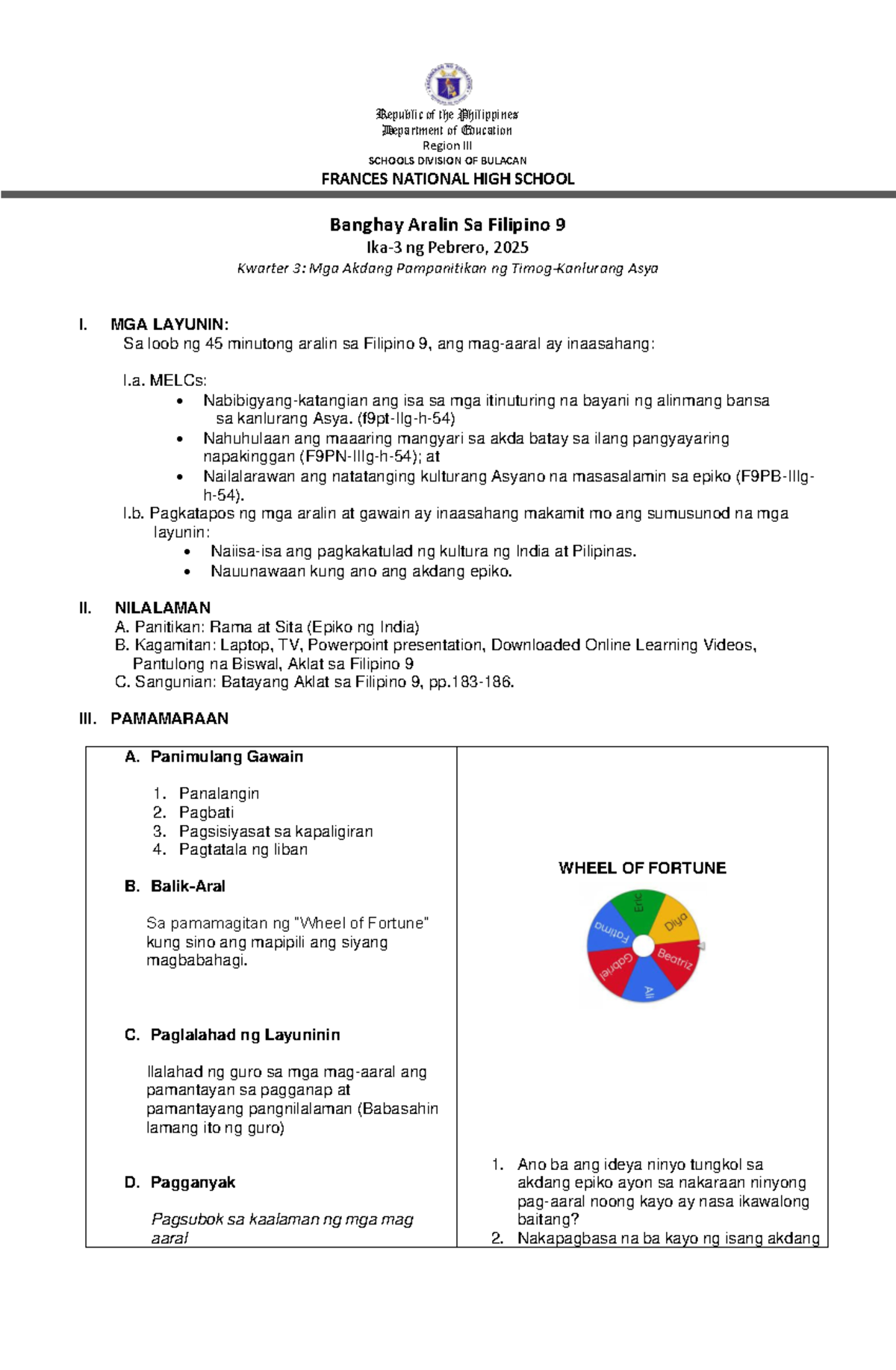 Lesson Plan in Epiko - Republic of the Philippines Department of ...