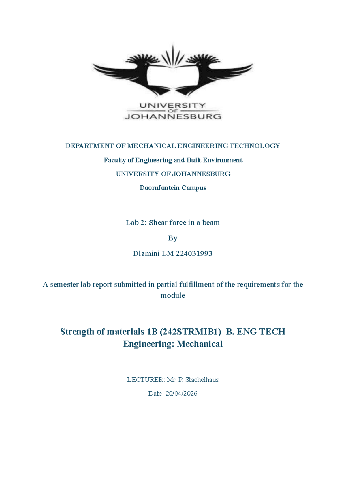 Lab Report: Shear Force in a Beam (242STRMIB1) - Studocu