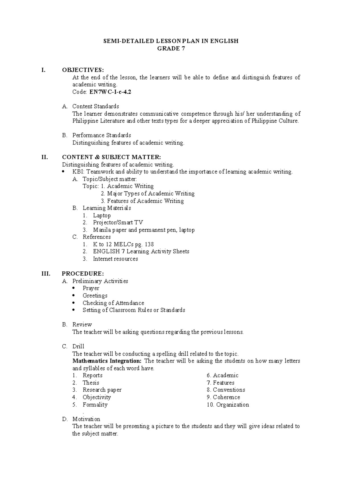 English 7 - Semi-Detailed Lesson Plan: Academic Writing Focus 2024-2025 ...