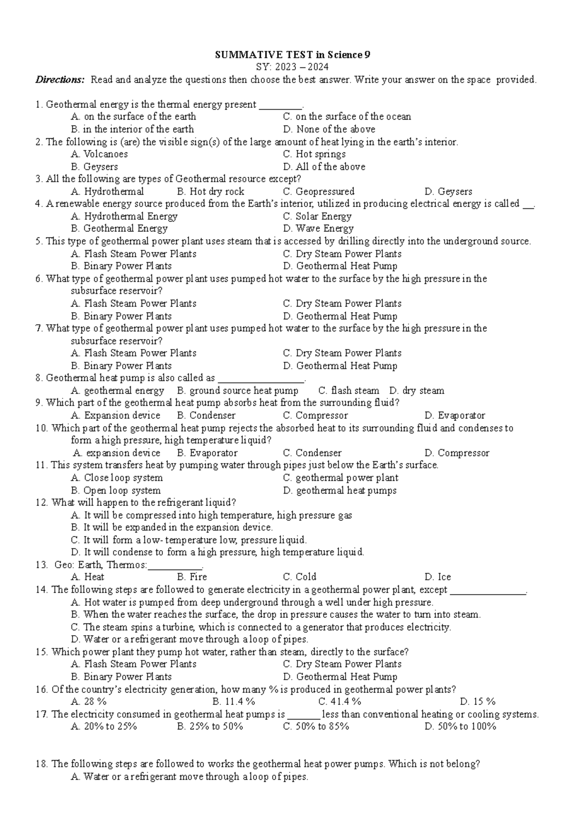 Science 9 Summative Test: Geothermal Power Plant Concepts - Studocu