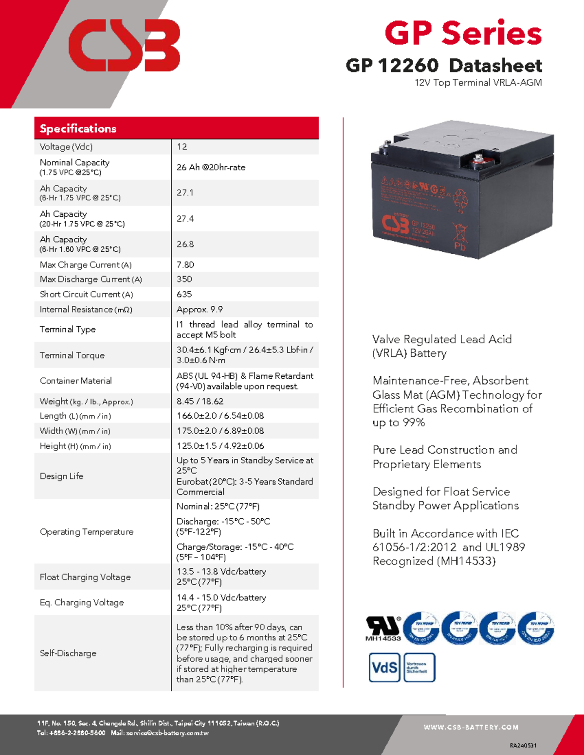 GP 12260 Datasheet: 12V AGM Battery Specifications - Studocu