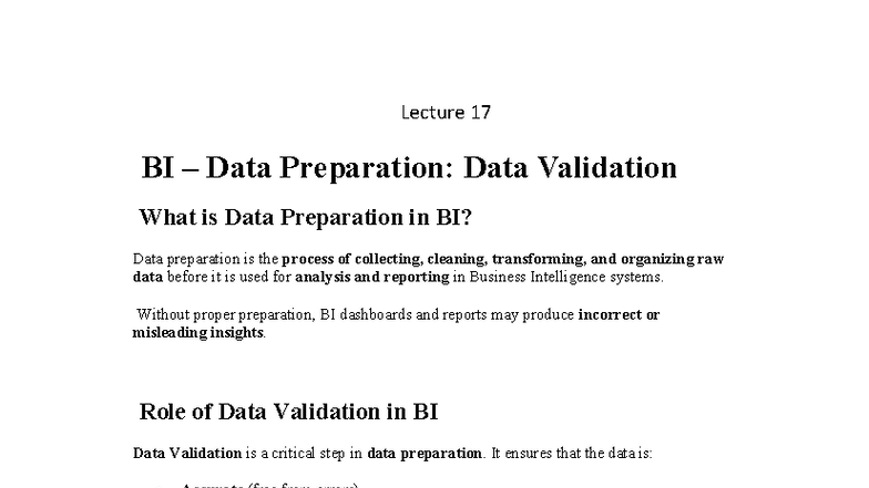 Lecture 17-23: BI Data Preparation & Validation Techniques (BIA Unit 3 ...