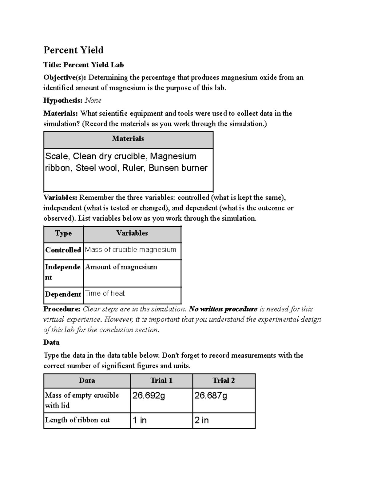 Percent Yield Lab - Percent Yield Title: Percent Yield Lab Objective(s ...