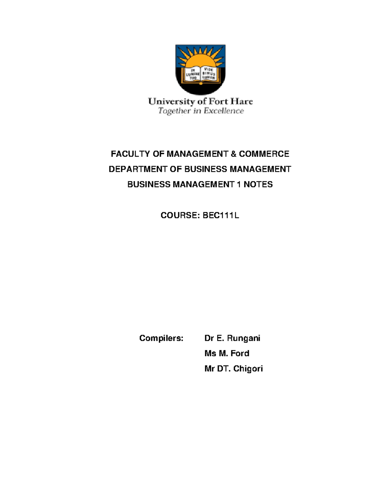 BEC111L Bus Man Notes Chapters 1 - 5 - FACULTY OF MANAGEMENT & COMMERCE ...