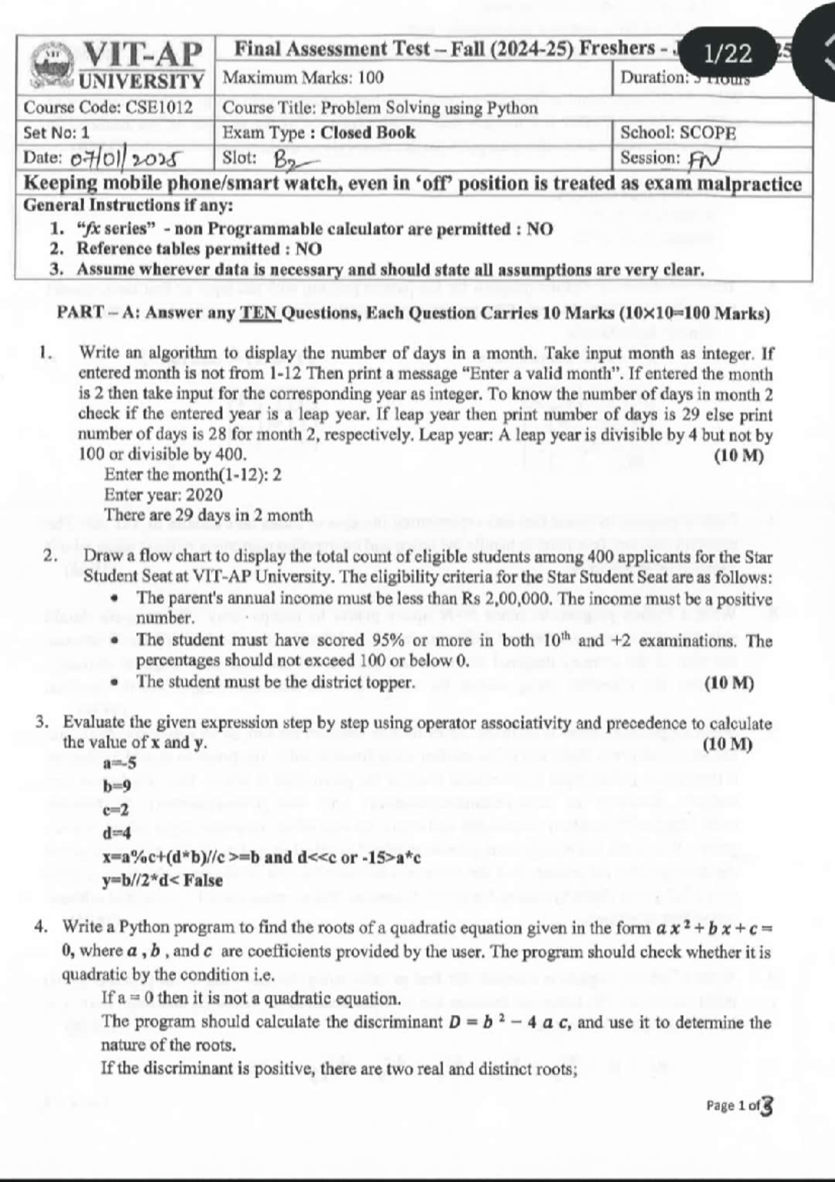 Final Assessment Test CSE1012: Problem Solving Using Python - Set 1 & 2 ...