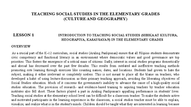 Ssc 101 Teaching Social Studies In Elementary Grades Lesson 1