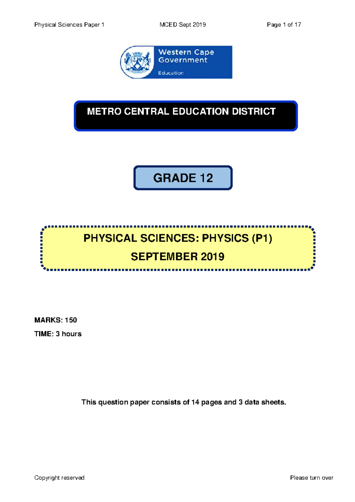 Grade 12 Physical Sciences P1 Exam Paper - MCED September 2019 - Studocu