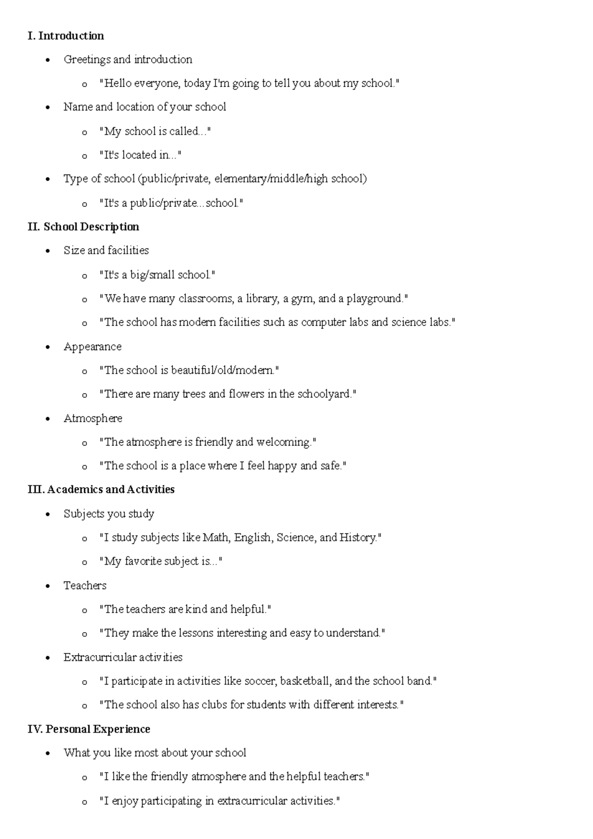 ENG101: Tell Me About Your School - Outline and Key Points - Studocu