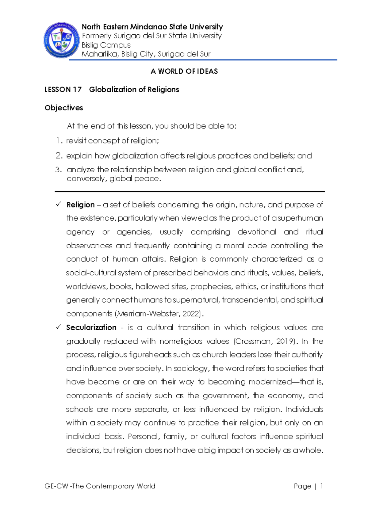 Lesson 17: Globalization and Its Impact on Religious Practices - Studocu