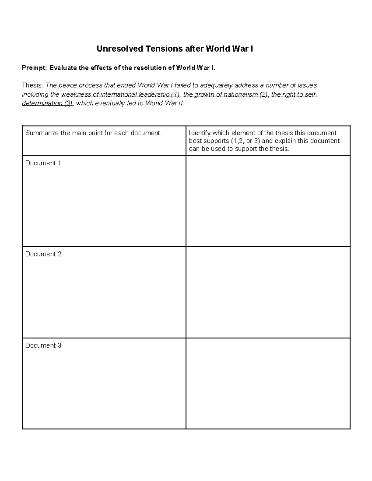 Unresolved Tensions After WWI: Worksheet Analysis of Effects on Peace ...