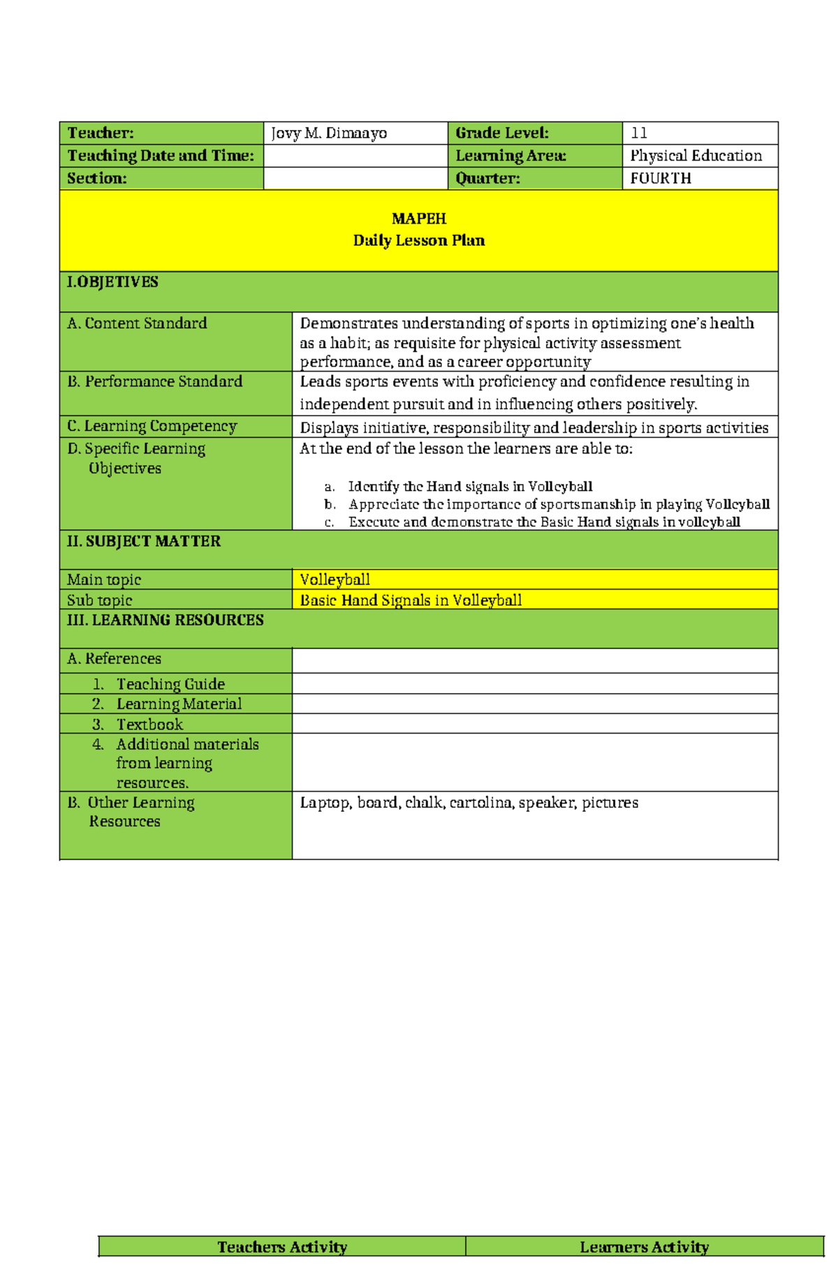 Physical Education 11: Daily Lesson Plan on Volleyball Skills - Studocu