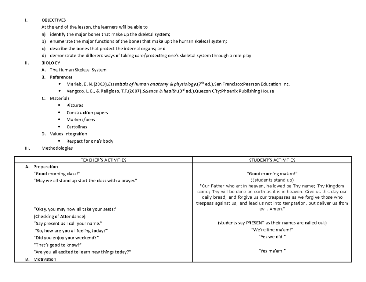 269042581 Detailed Lesson Plan Skeletal System - I. OBJECTIVES At the ...