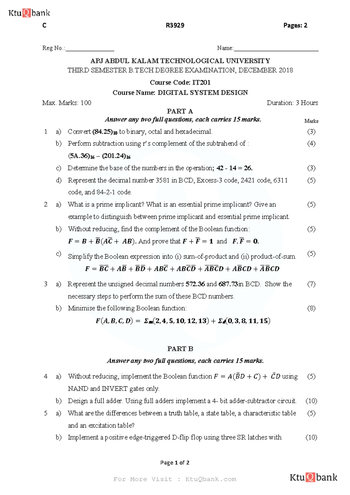 IT201 Digital System Design - Dec 2018 Exam Paper - Studocu