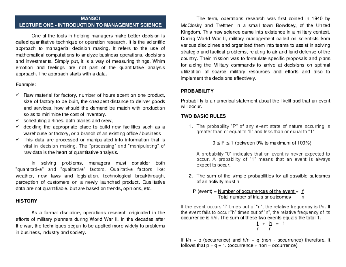 Mansci Lecture 2: Understanding Probability Concepts and Rules - Studocu
