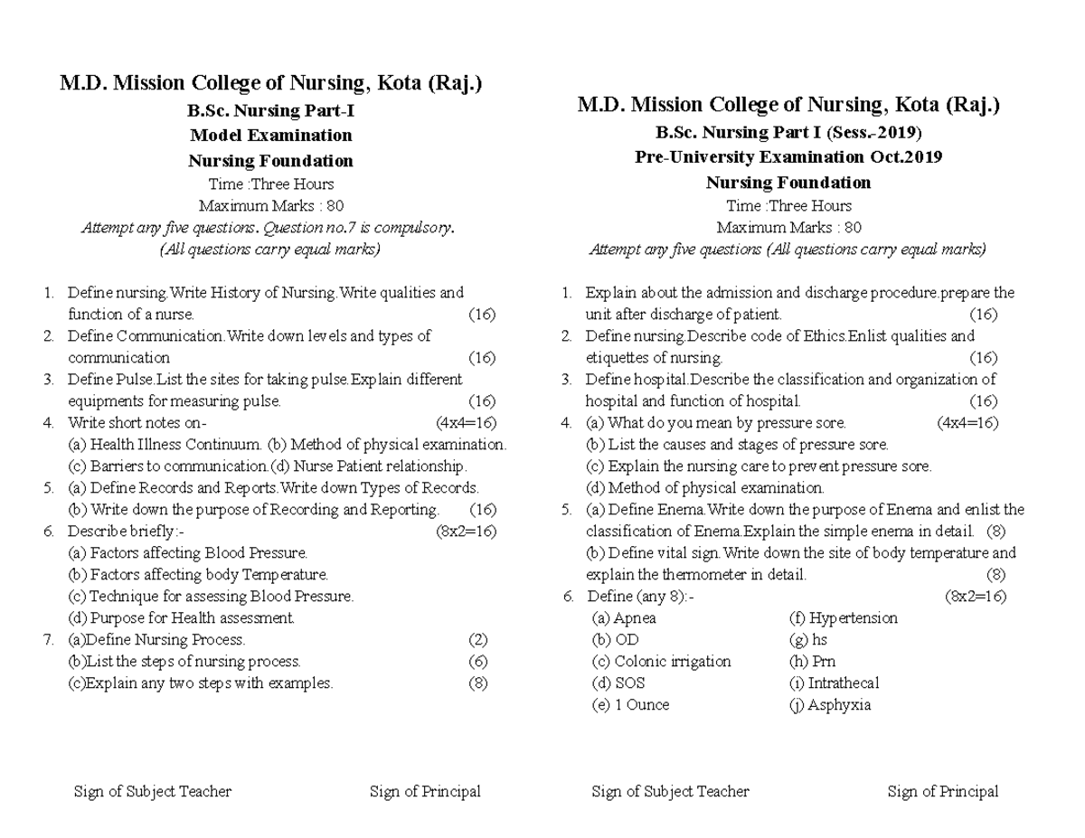 B.Sc. Nursing Part-I Model Exam 2021 - Nursing Foundation - Studocu