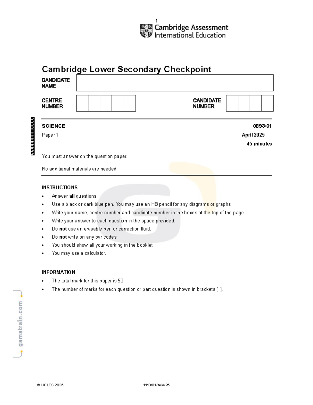 Cambridge Lower Secondary Checkpoint SCIENCE Paper 1 April 2025 ...