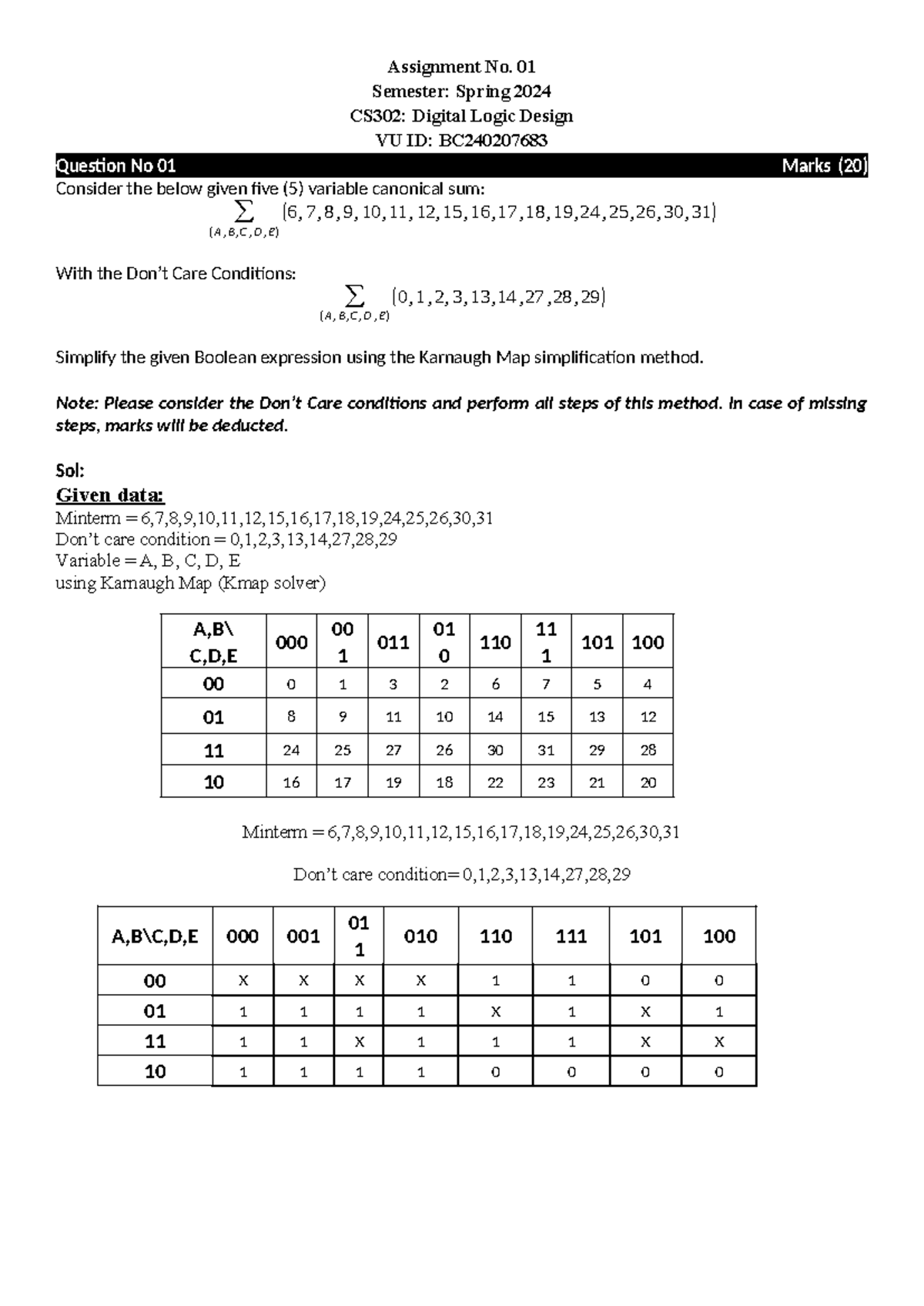 CS302 Assignment 1 - Assignment No. 01 Semester: Spring 2024 CS302: Digital Logic Design VU ID ...