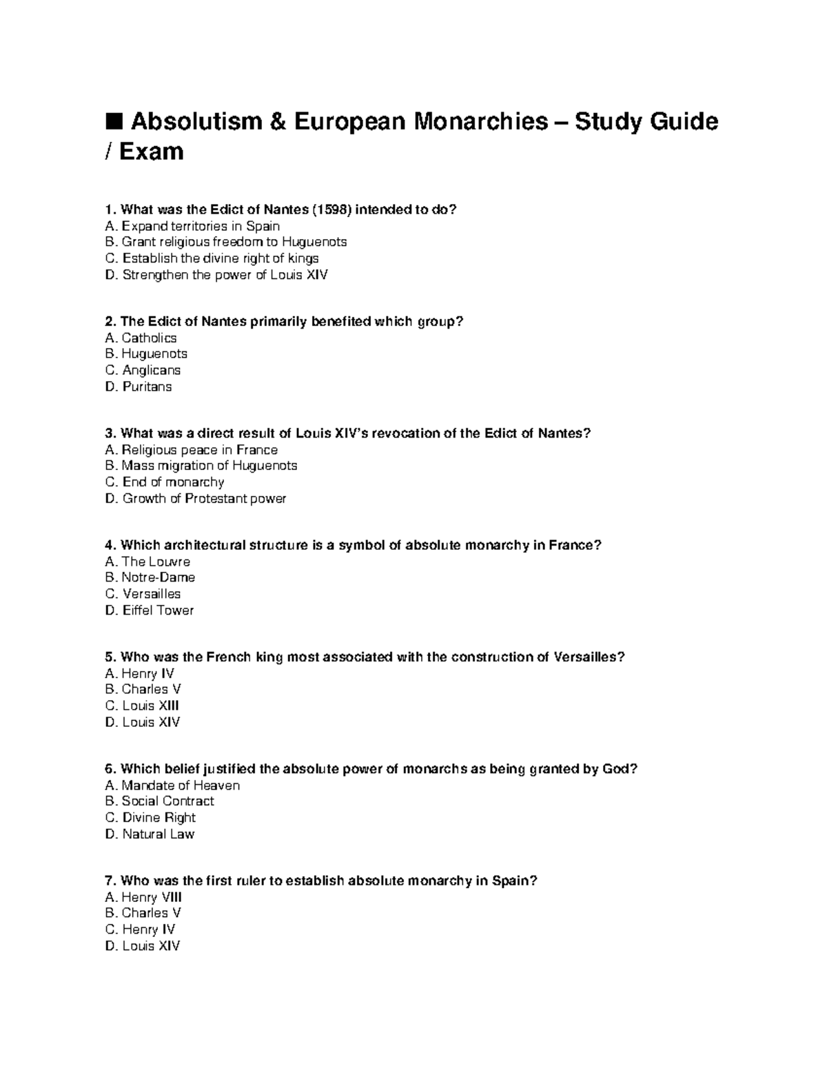 Absolutism & European Monarchies Study Guide (HIST 101) Exam 1 - Studocu