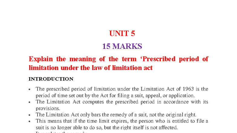 CPC UNIT 5: Understanding the Period of Limitation in Law - Studocu
