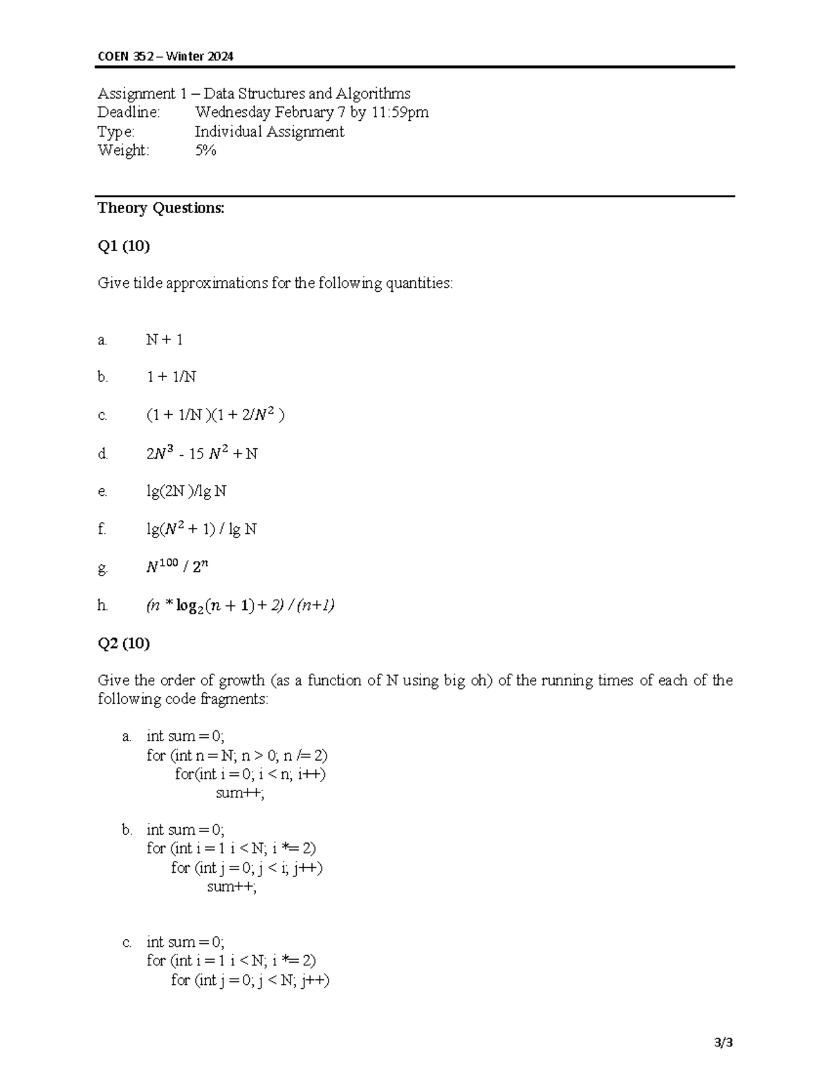 COEN 352 Winter 2024 Assignment 1: Data Structures & Algorithms - Studocu