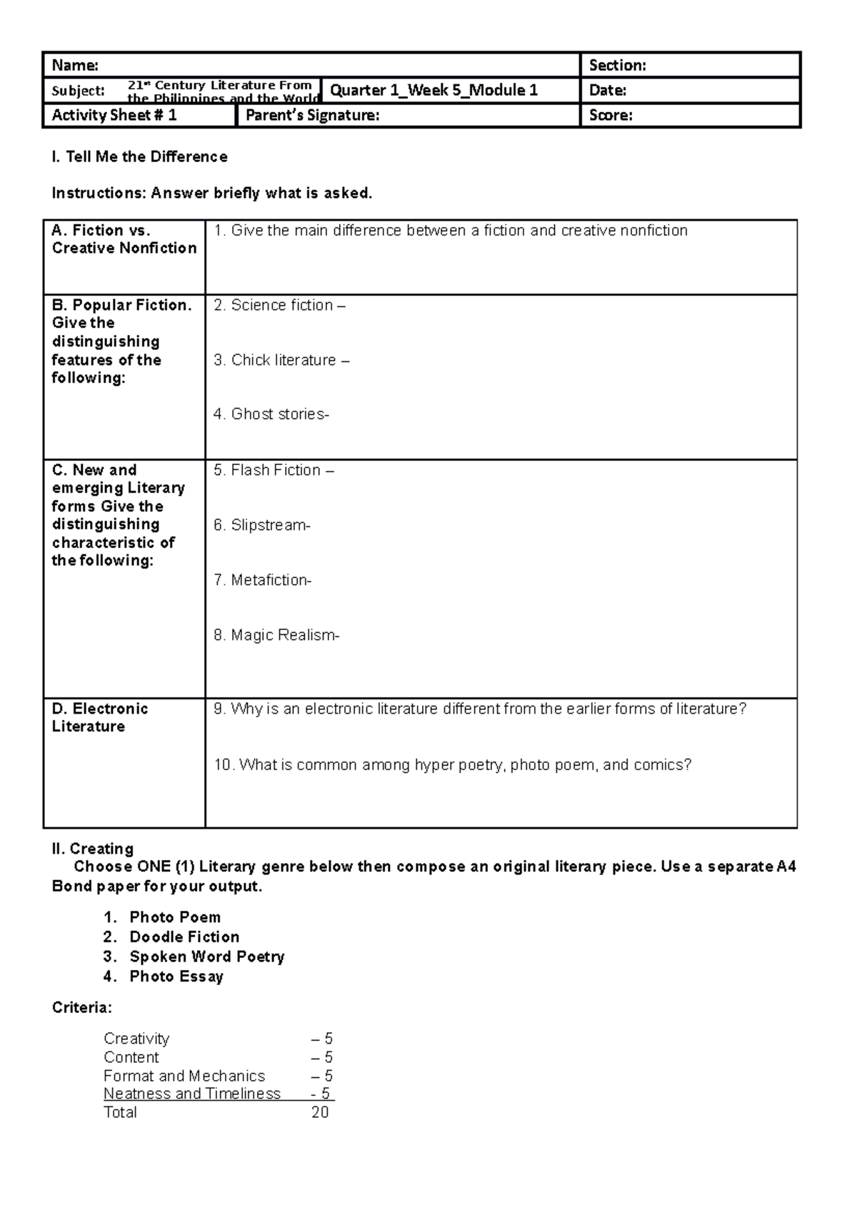 21st Century Literature Activity Sheet: Features & Genres Guide - Studocu