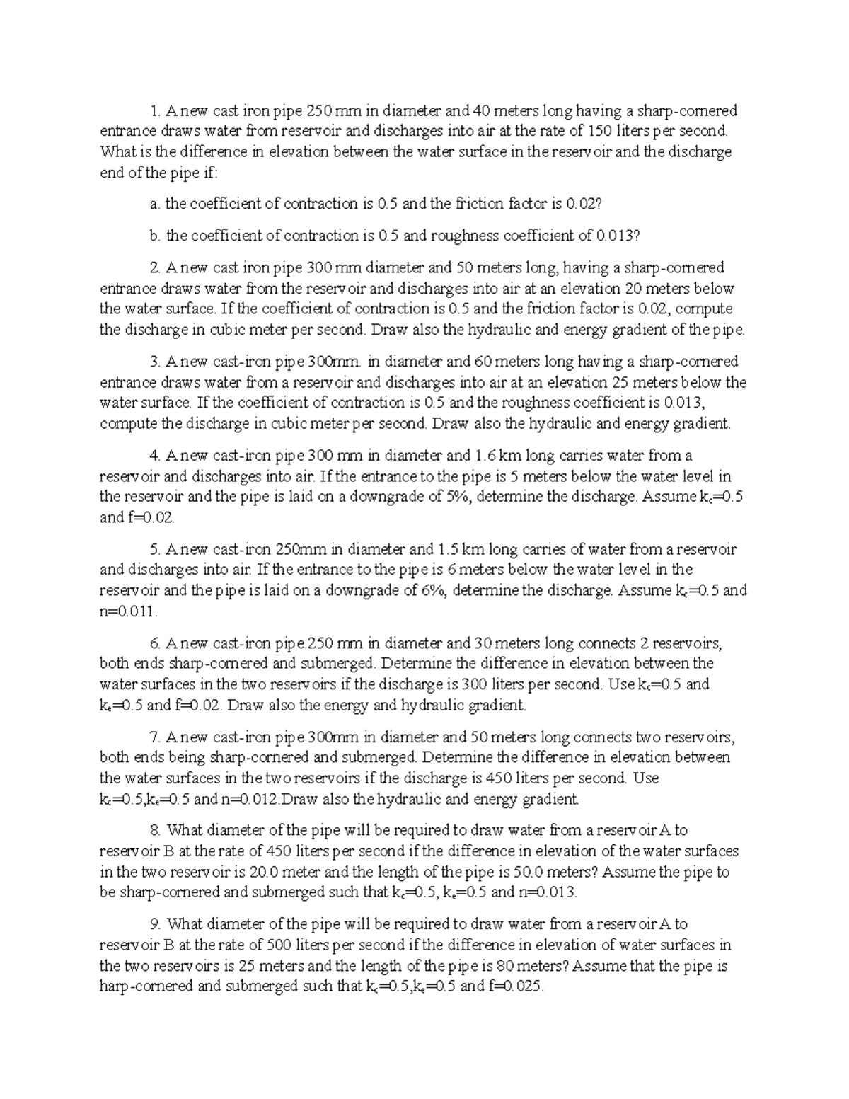 Problem Sets in Hydraulics (ENGR 301) - Comprehensive Study Guide - Studocu