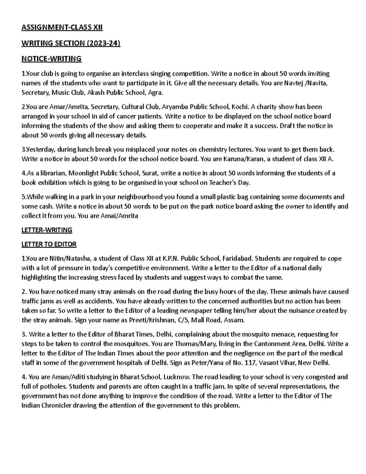 Assignment Class XII 2023-24: Writing & Letter Writing Tasks - Studocu