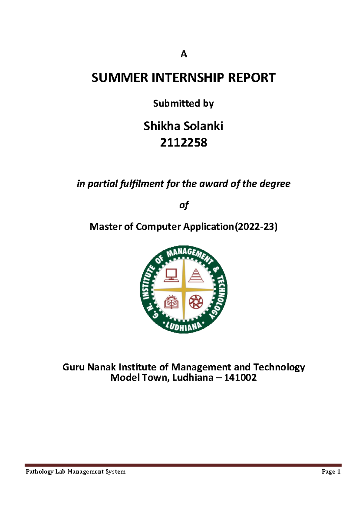 Pathology Lab Management System Project Report - MCA Internship 2022-23 ...