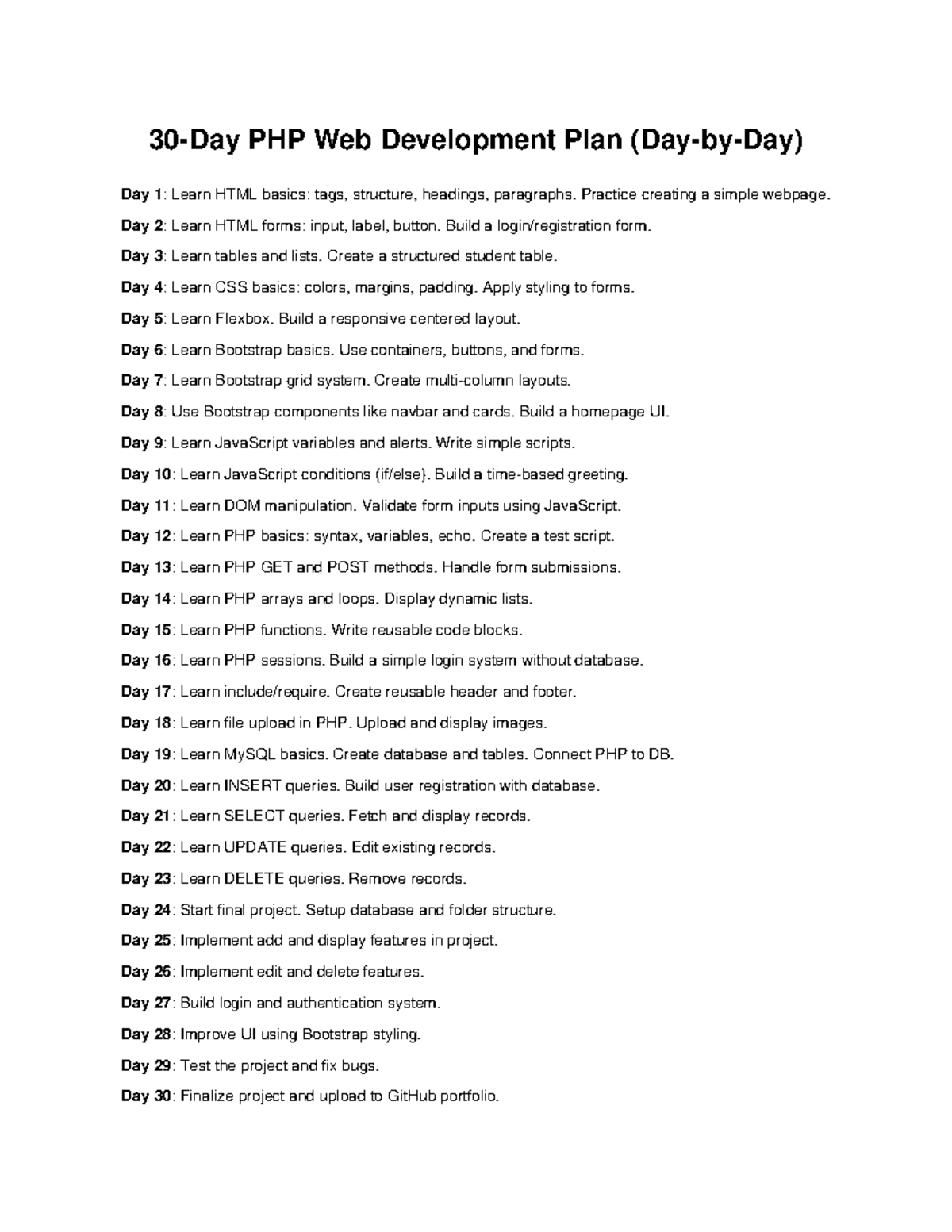 30-Day PHP Development Plan: Daily Learning & Projects - Studocu