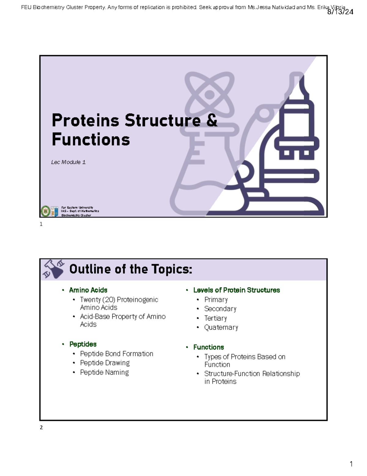 01 Proteins Structure and Functions - 8/13/ Far Eastern University IAS ...