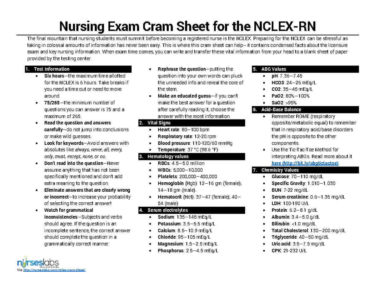 NCLEX-RN Final Exam Cram Sheet: Medications and Key Values - Studocu