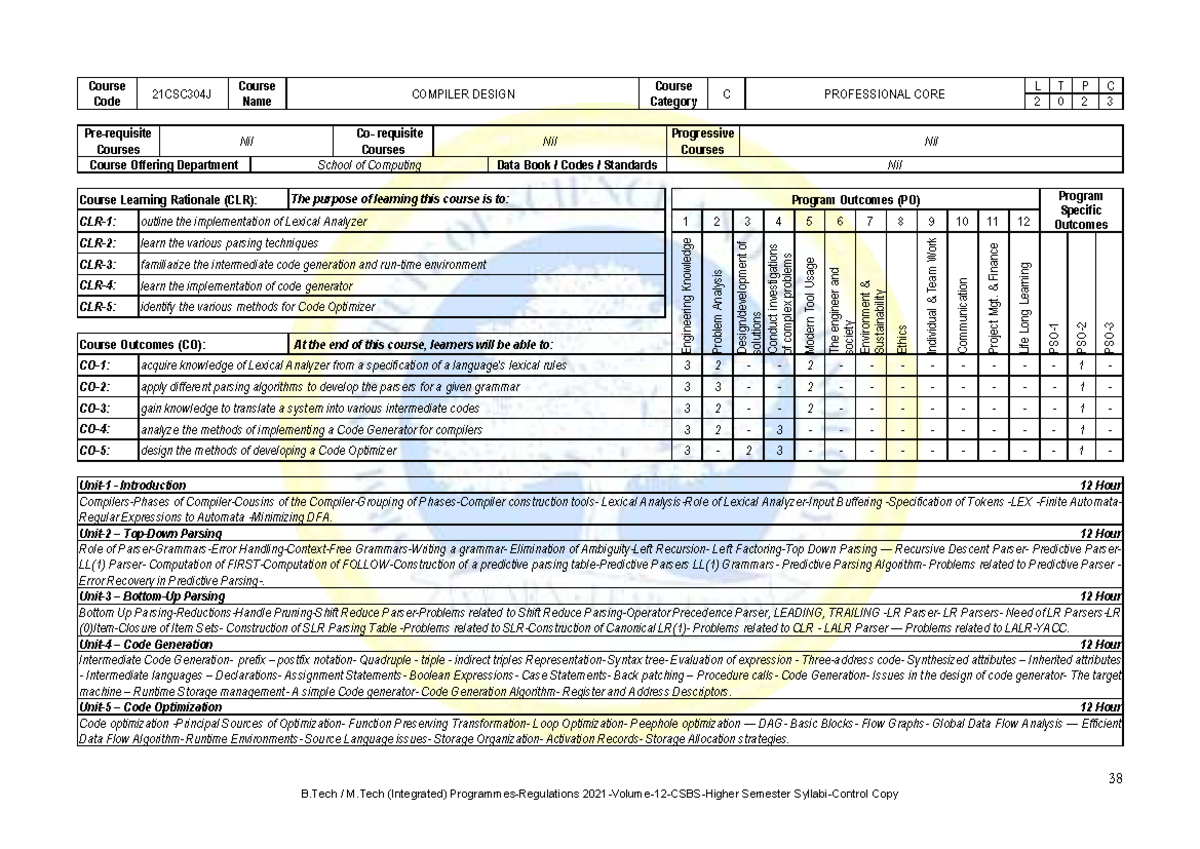 21CSC304J Compiler Design Course Syllabus Overview - Studocu