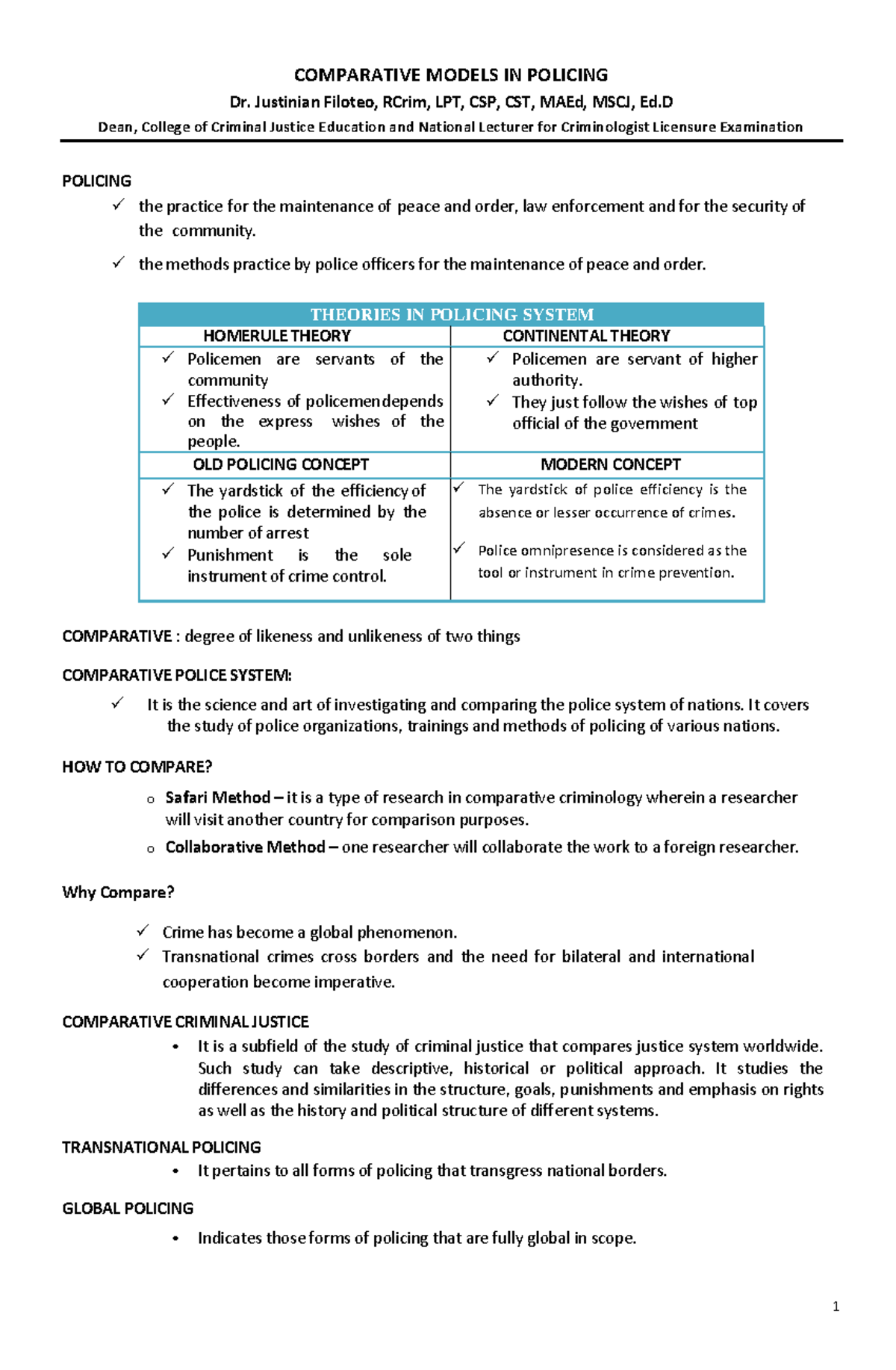 Comparative Models in Policing for Criminology 2022 Study Guide - Studocu