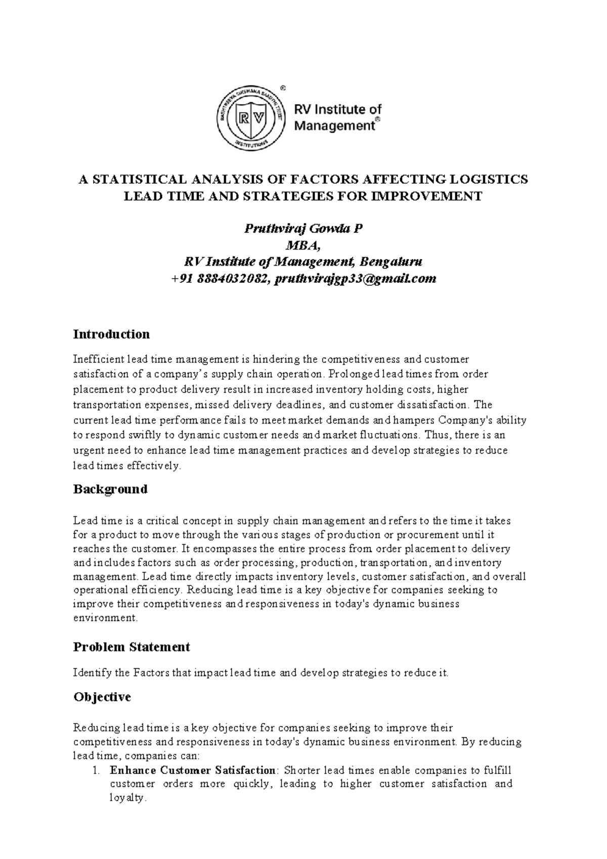 Statistical Analysis of Logistics Lead Time Factors & Improvement ...