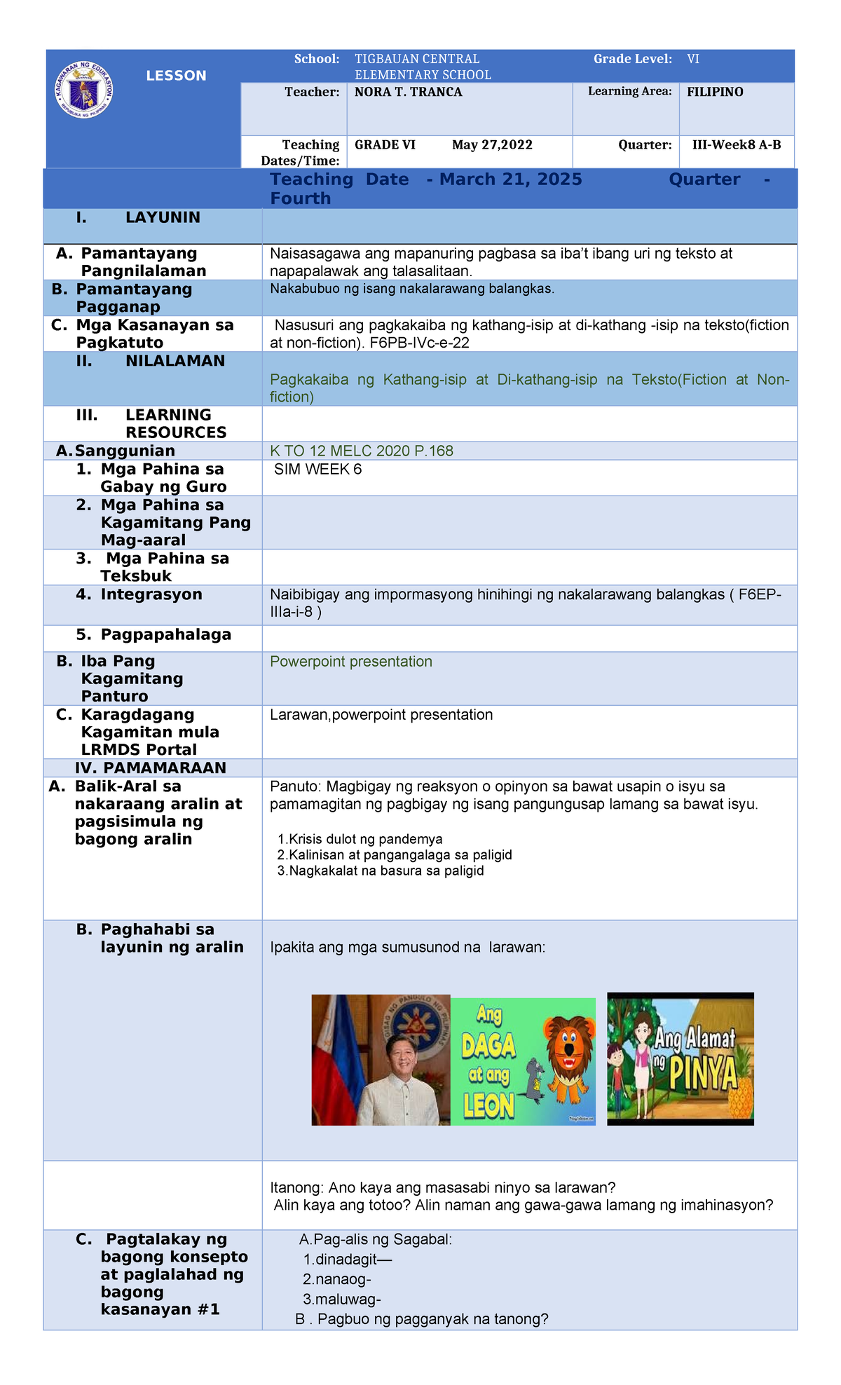 K TO 12 FILIPINO GRADE VI Lesson Plan: Pagbasa at Pagsusuri ng Teksto ...