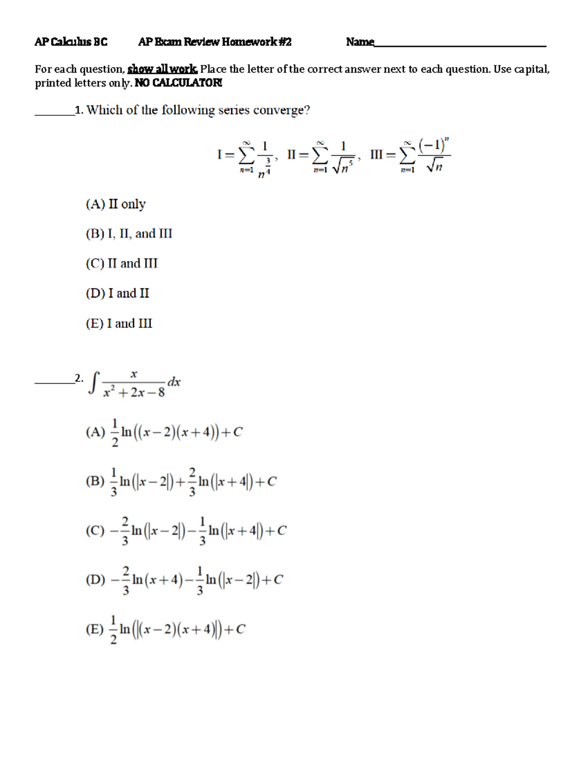 2017 Exam Review HW2 - AP Calculus BC AP Exam Review Homework #2 - Studocu