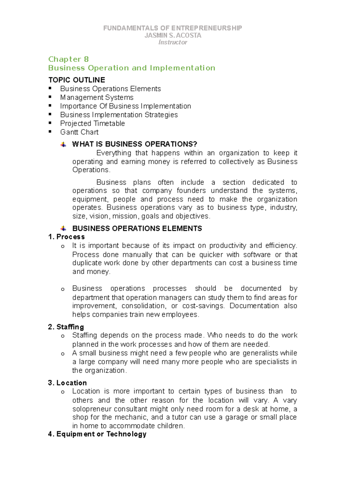 Entrepreneurship (BUS 101) - Chapter 8: Business Operations ...