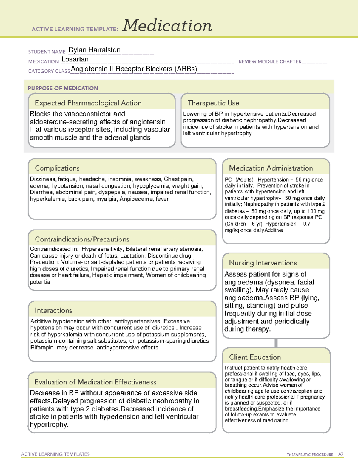 Losartan - ATI Medication Template for Hypertension Management - Studocu