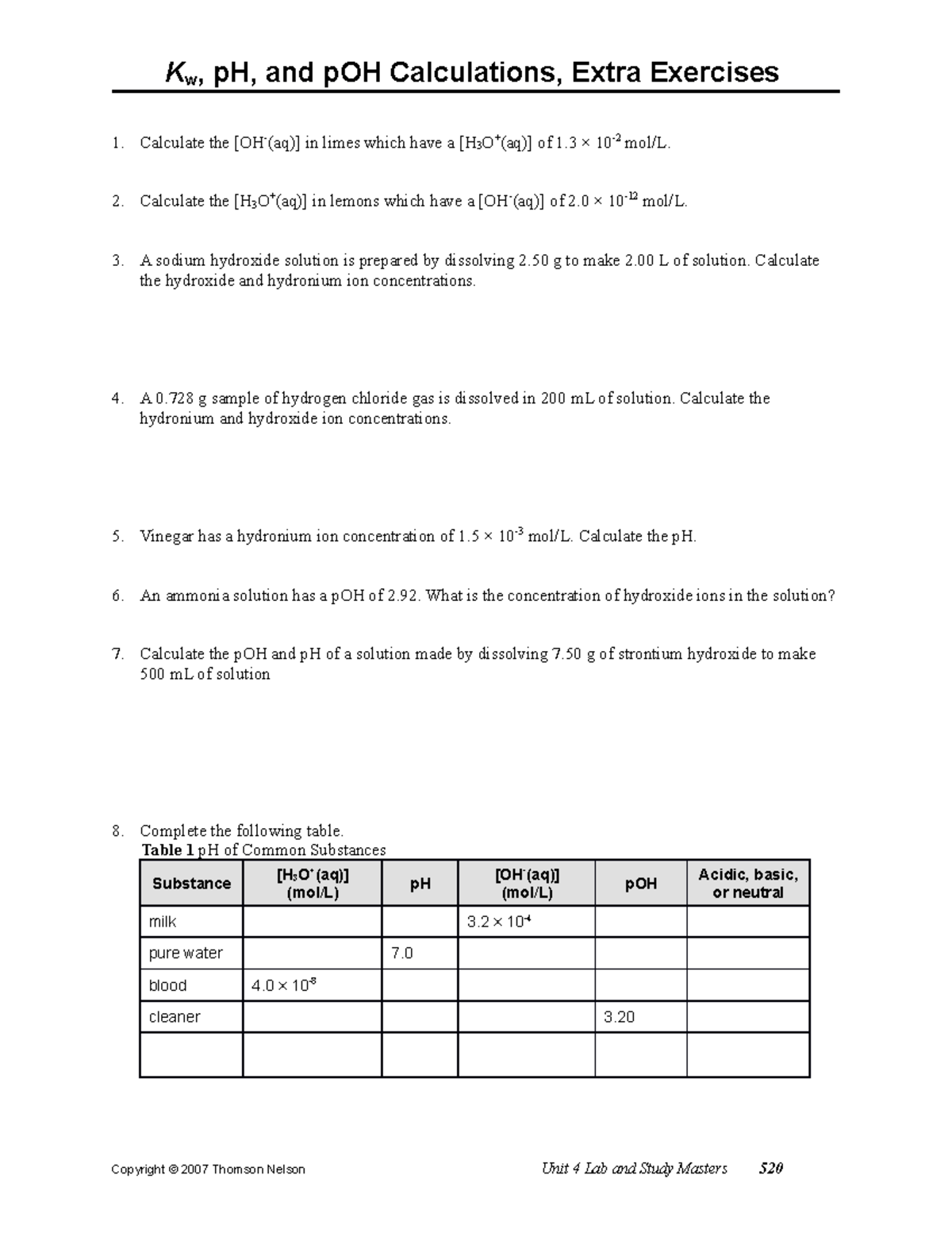 Chem 30 Acid-Base Equilibrium: pH, pOH & Brønsted-Lowry Exercises - Studocu