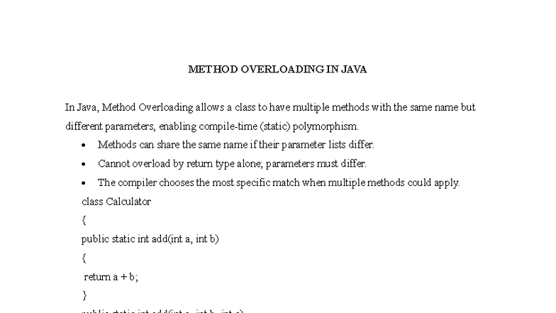 METHOD OVERLOADING IN JAVA - UNIT 2 Notes - Studocu