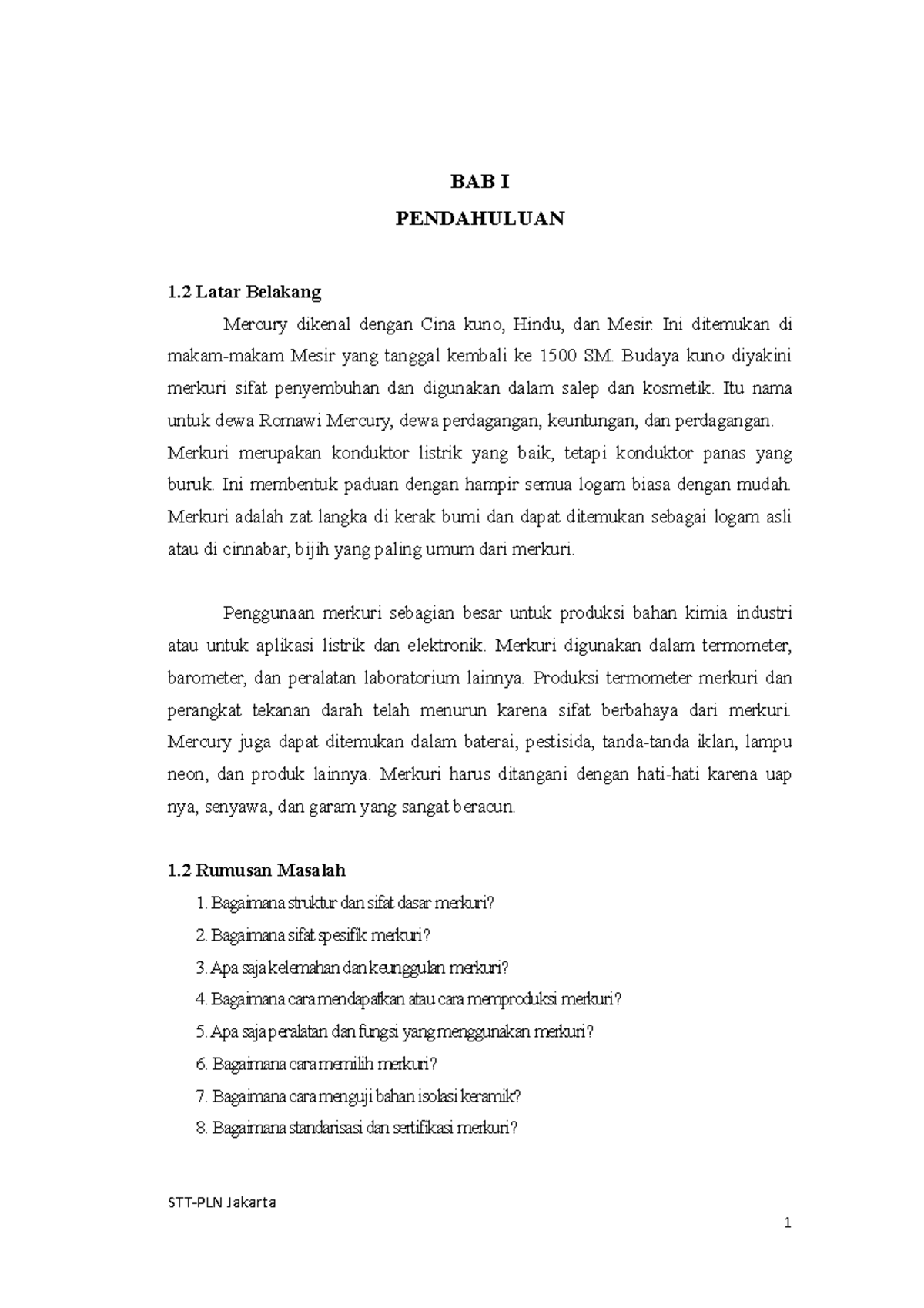 Analisis Sifat dan Kegunaan Merkuri dalam Kimia - STT-PLN - Studocu