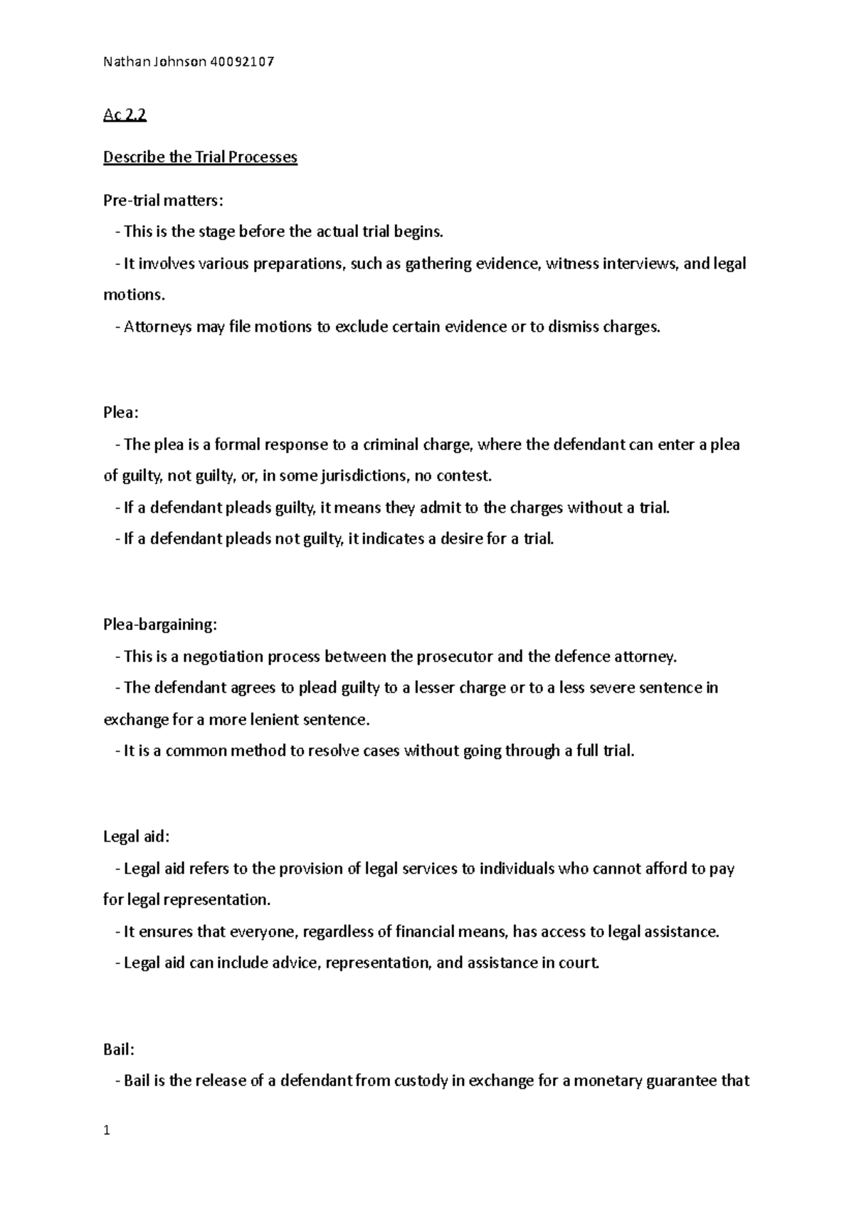 Ac2 - Summary of Trial Processes and Pre-Trial Matters - Studocu