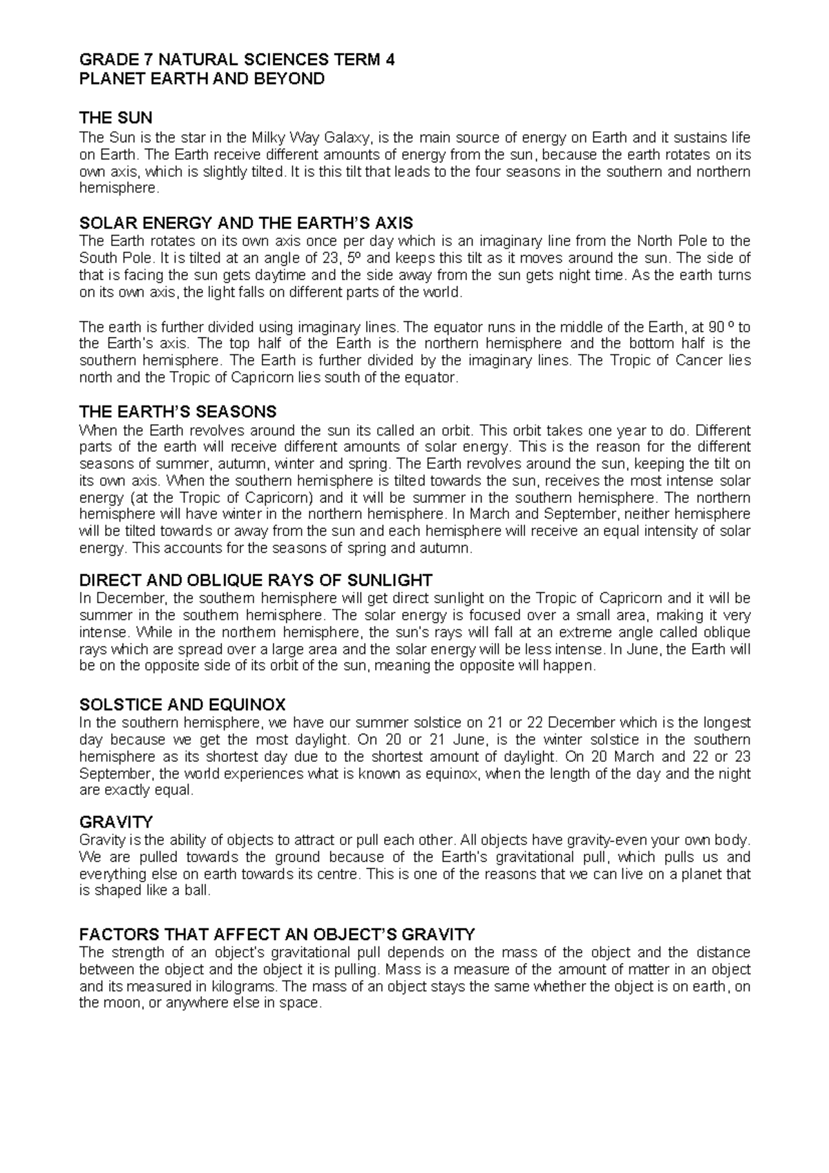GRADE 7 NATURAL SCIENCES TERM 4: PLANET EARTH & BEYOND GM 2021 - Studocu