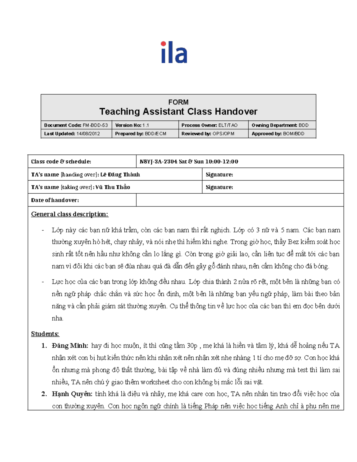 Class Handover Document for TA - N8YJ-6A-2403 Version 1.1 - Studocu